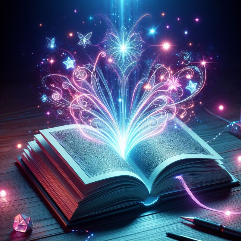 Open Glowing Neon Magic Book Lying on the Table. Illustration Created ...