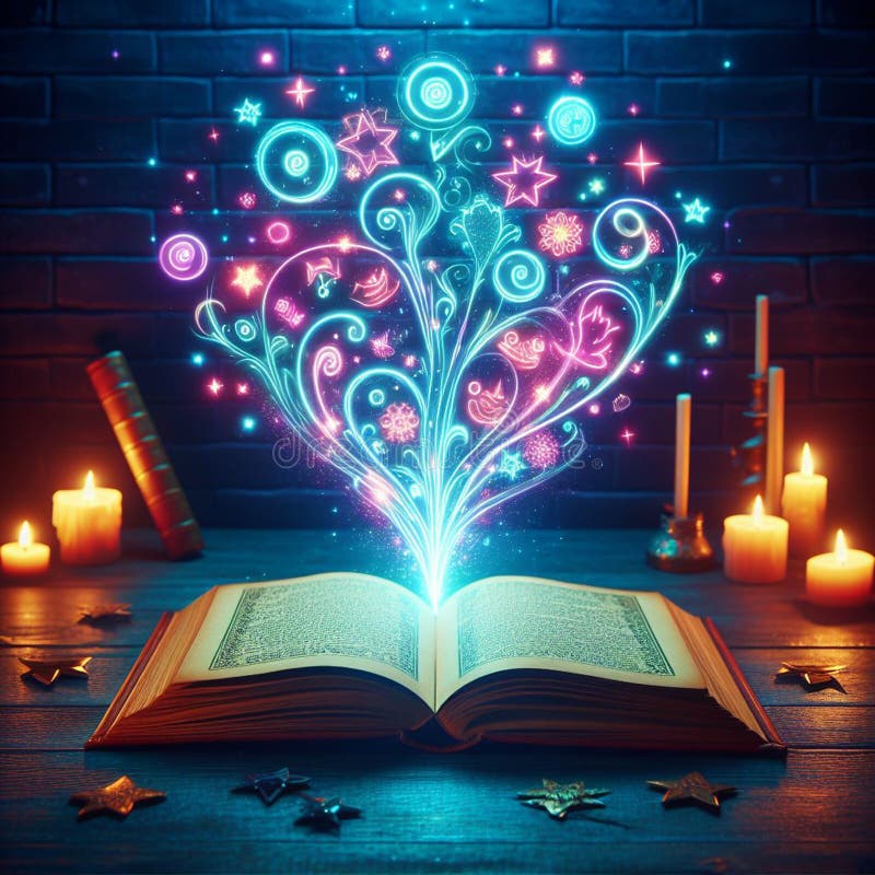Open Glowing Neon Magic Book Lying on the Table. Illustration Created ...