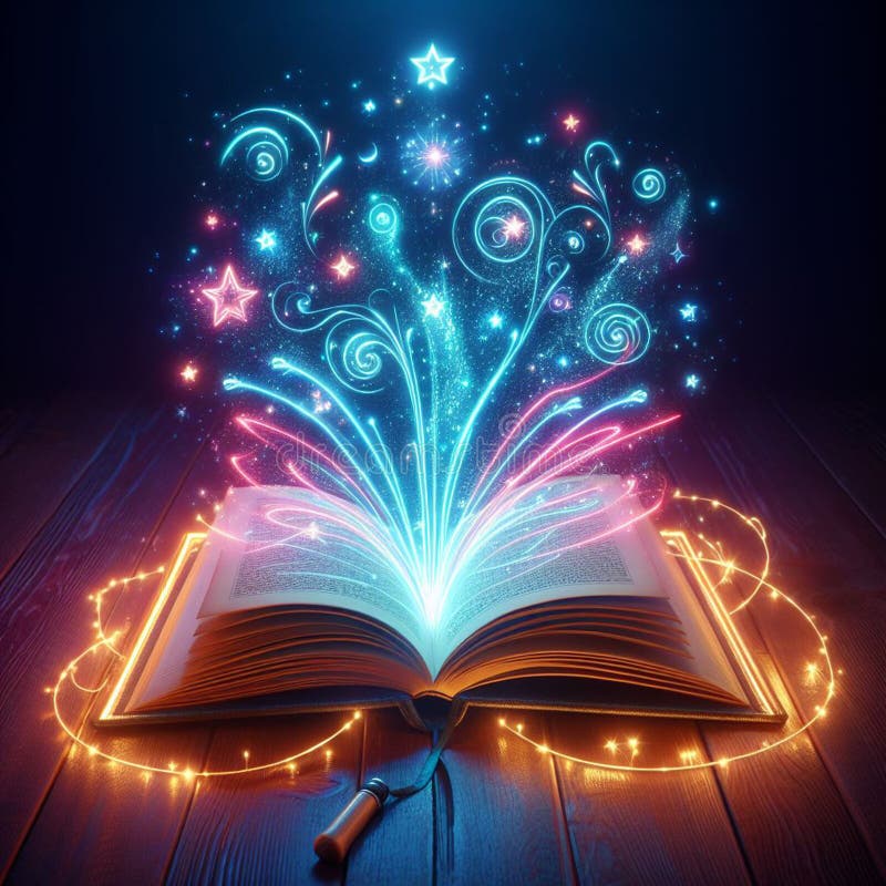 Open Glowing Neon Magic Book Lying on the Table. Illustration Created ...