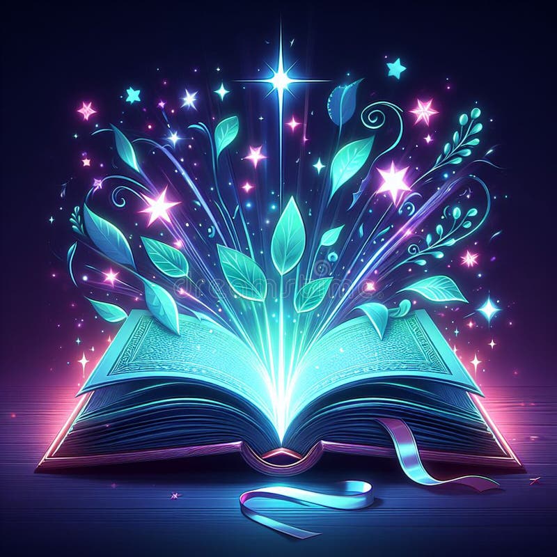 Open Glowing Neon Magic Book Lying on the Table. Illustration Created ...