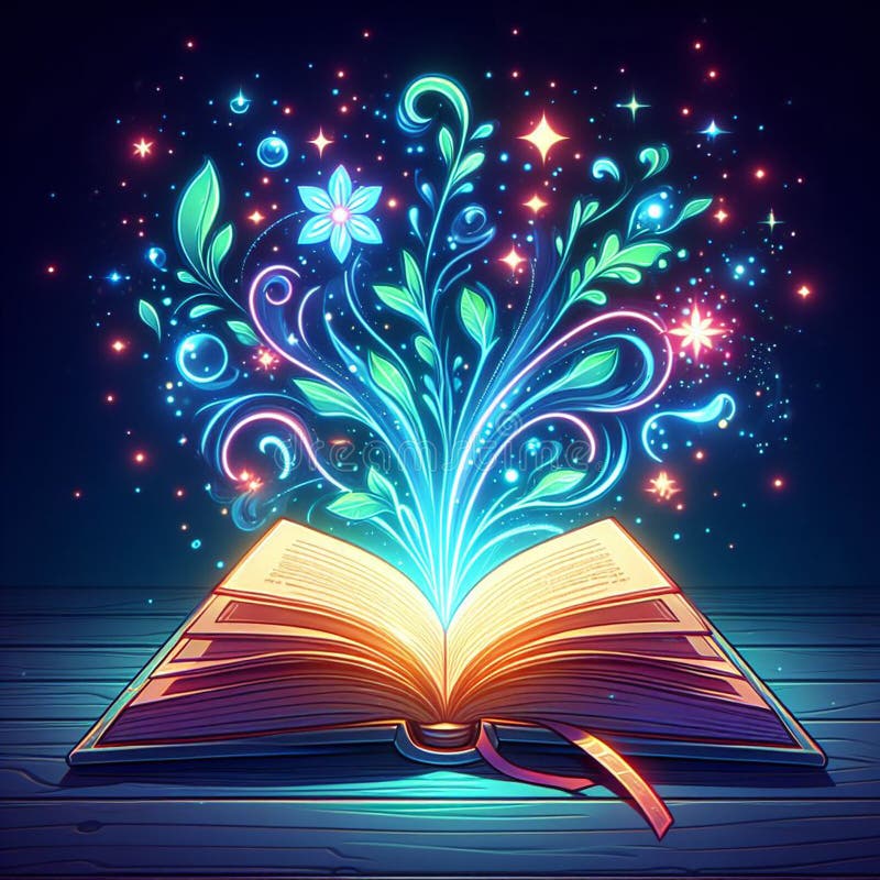 Open Glowing Neon Magic Book Lying on the Table. Illustration Created ...