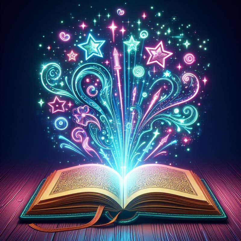 Open Glowing Neon Magic Book Lying on the Table. Illustration Created ...
