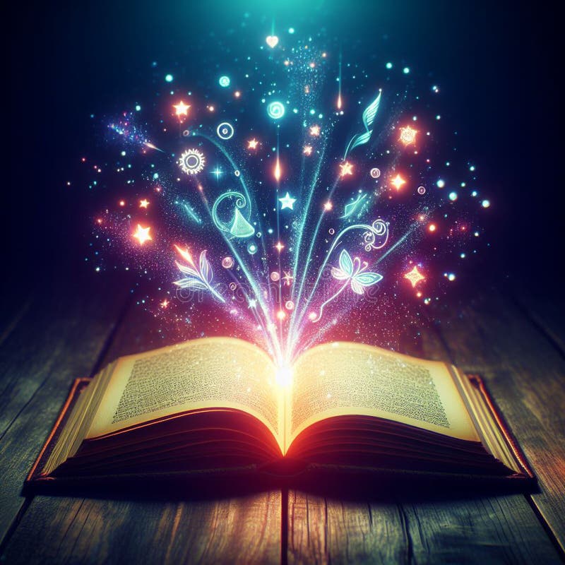 Open Glowing Neon Magic Book Lying on the Table. Illustration Created ...