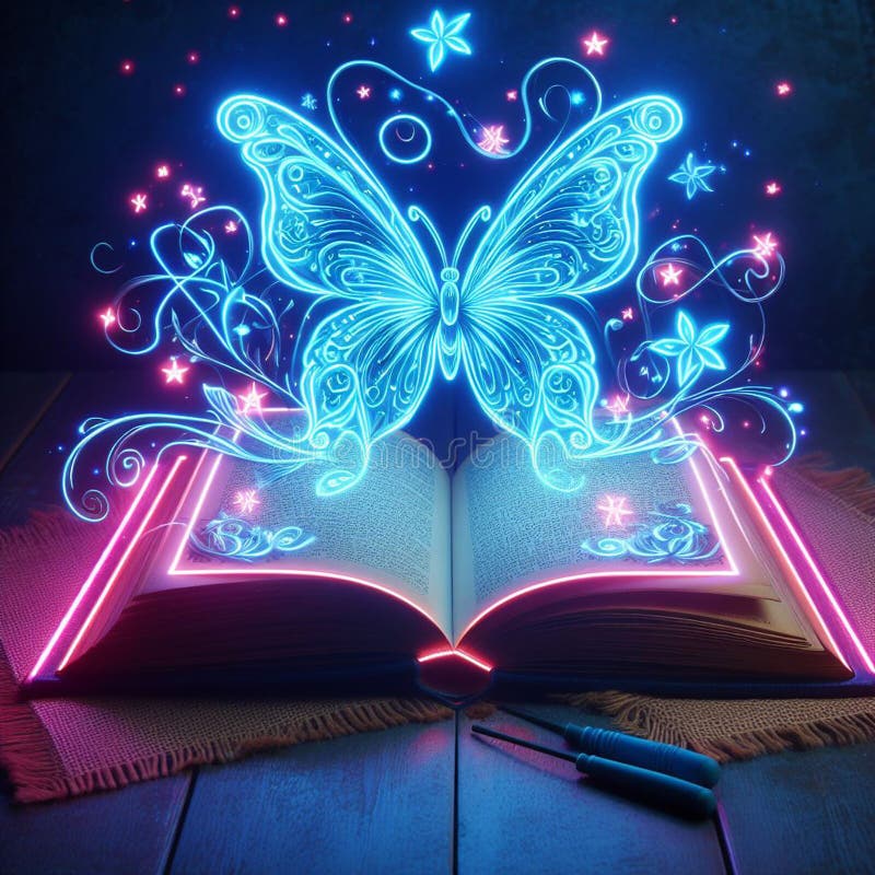 Open Glowing Neon Magic Book Lying on the Table. Illustration Created ...
