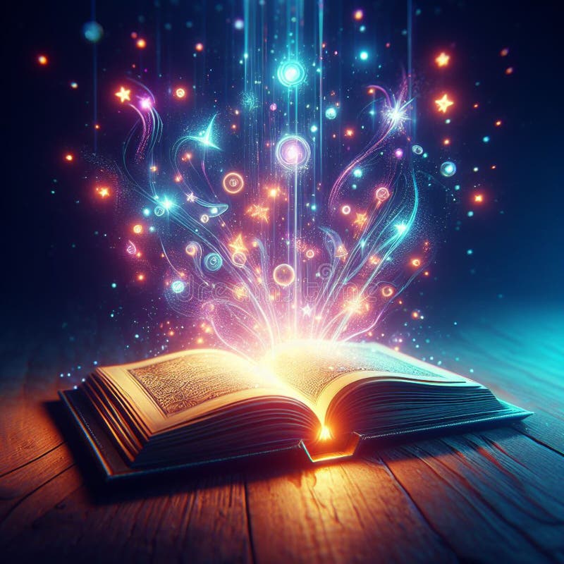 Open Glowing Neon Magic Book Lying on the Table. Illustration Created ...