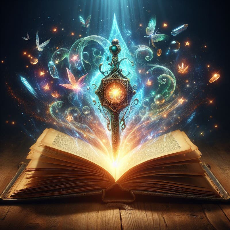 Open Glowing Neon Magic Book Lying on the Table. Illustration Created ...