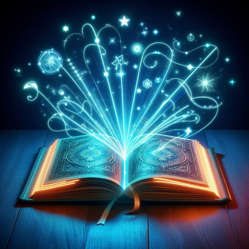 Open Glowing Neon Magic Book Lying on the Table. Illustration Created ...