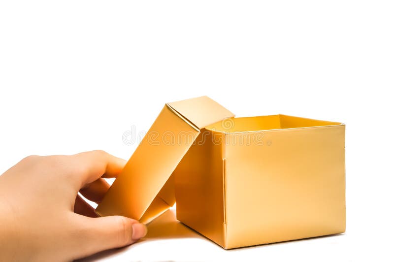Open Golden Gift Box Hand Hold Stock Photo - Image of festive, retail ...