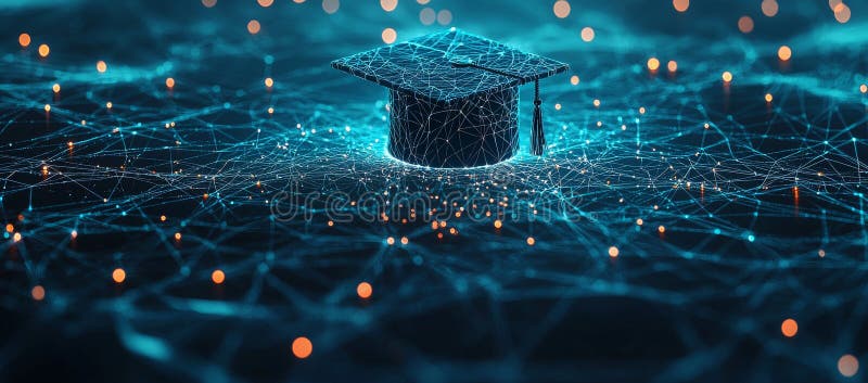 Open Graduation Cap Made from Glowing Lines and Dots, Floating Above a ...