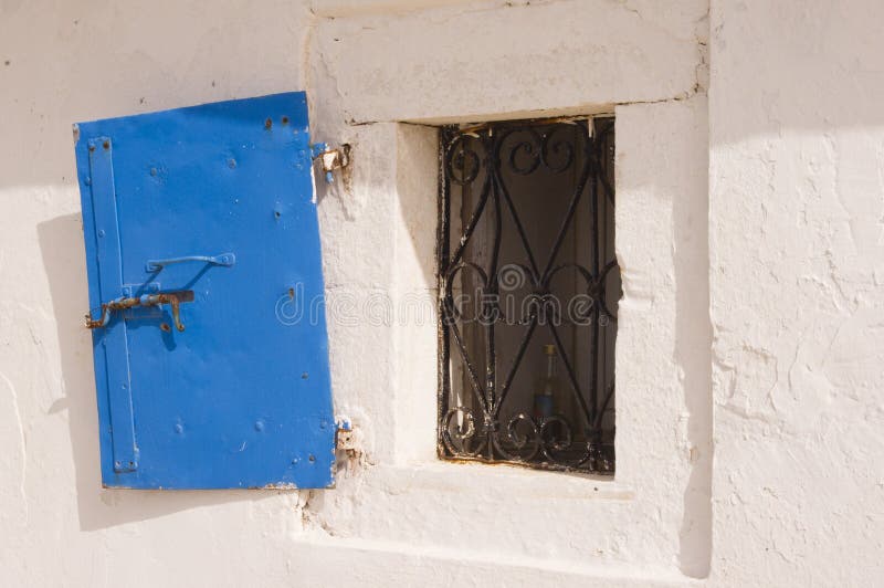 Open Greek Window and Blue Shutter Stock Image - Image of rustic, blue ...