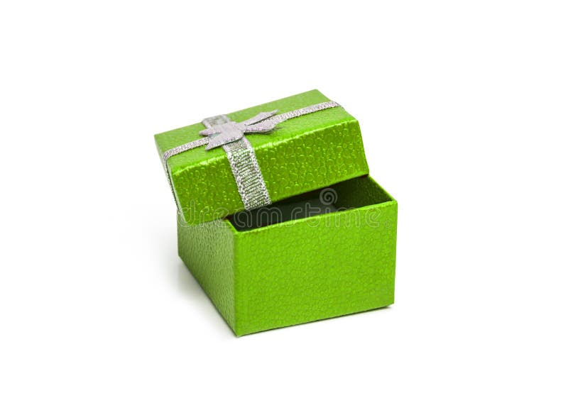 Open Green Colour Gift Box with Silver Ribbon Isolated on White Stock ...