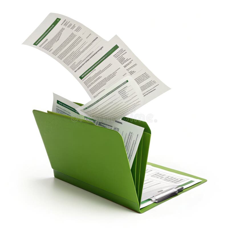 Open Green Folder Hovers in Mid-Air with Sheets of Standard Scale ...