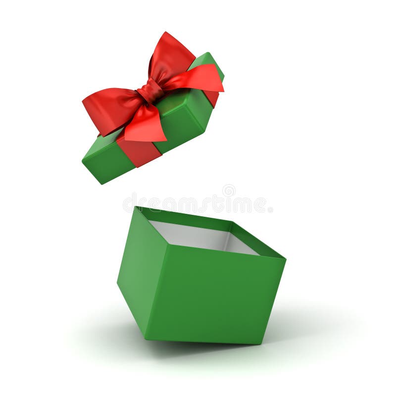 Open Green Gift Box or Blank Present Box with Red Ribbon Bow Isolated ...