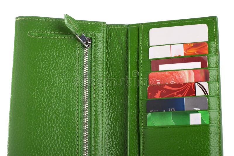 Open green leather wallet stock image. Image of plastic - 26984849