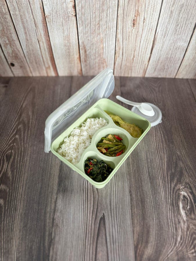 Open Green Lunch Box with a Complete Meal Stock Image - Image of ...