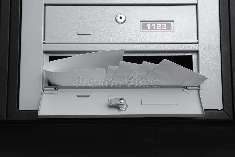 Open Grey Metal Mailbox with Envelopes Indoors Stock Image - Image of ...