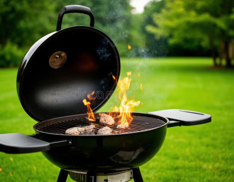 Open Grill in Foreground, Backyard Lawn and Trees in Soft Focus. Stock ...