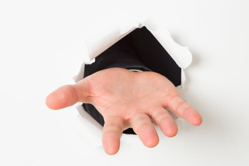 Open Hand Bursting through Paper Stock Image - Image of tear, page ...