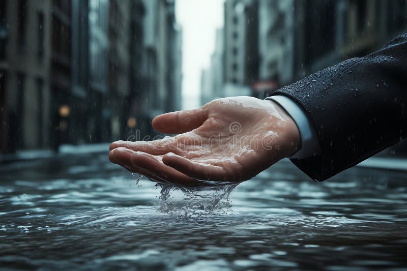 Open Hand Catching Raindrops in a City Street Stock Illustration ...
