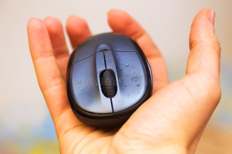 Open Hand and Computer Mouse with Water Drops Stock Photo - Image of ...