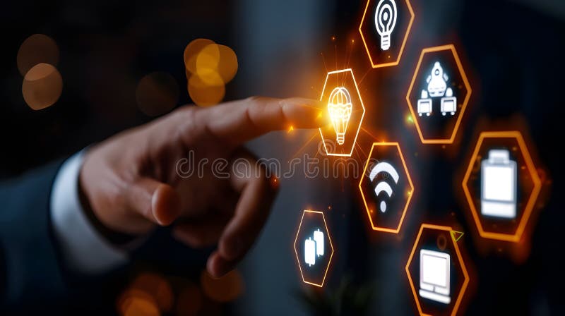 An Open Hand Displays Illuminated, Digital Hexagons with Various Icons ...