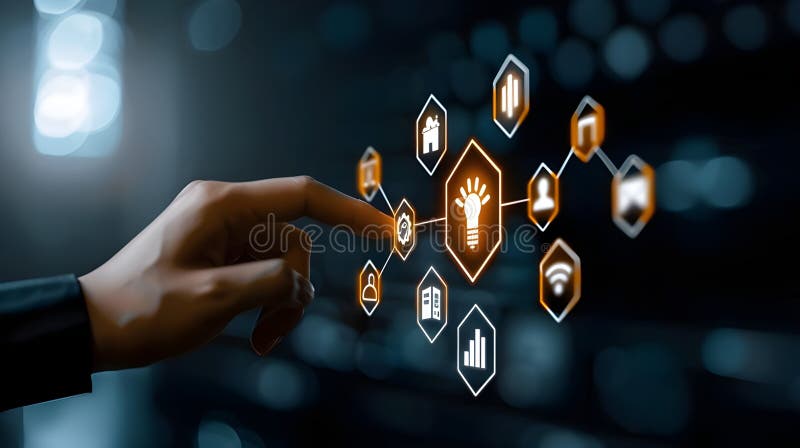 An Open Hand Displays Illuminated, Digital Hexagons with Various Icons ...