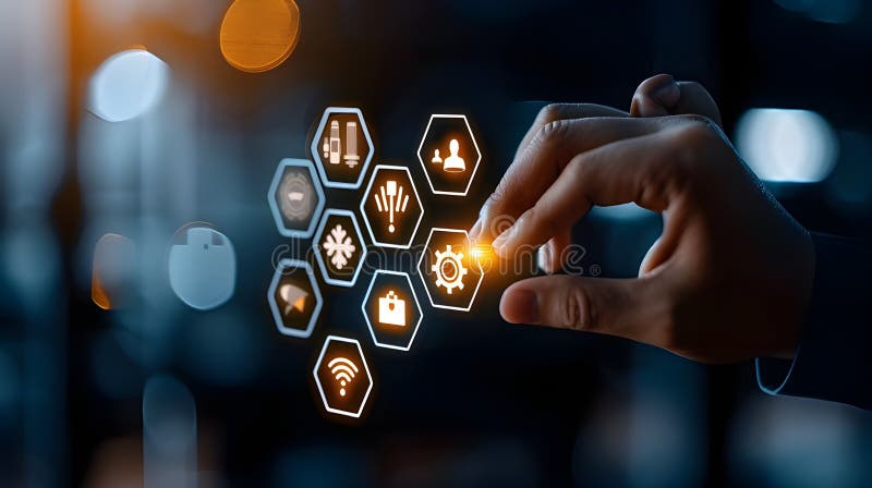 An Open Hand Displays Illuminated, Digital Hexagons with Various Icons ...