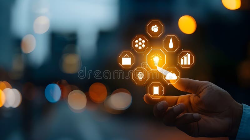 An Open Hand Displays Illuminated, Digital Hexagons with Various Icons ...