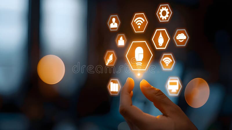 An Open Hand Displays Illuminated, Digital Hexagons with Various Icons ...