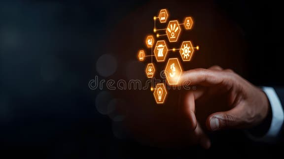 An Open Hand Displays Illuminated, Digital Hexagons with Various Icons ...