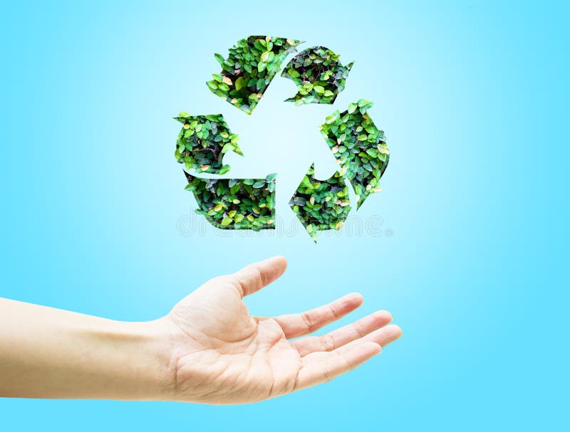 Open Hand with Green Leaf Recycle Icon on Light Blue Background Stock ...