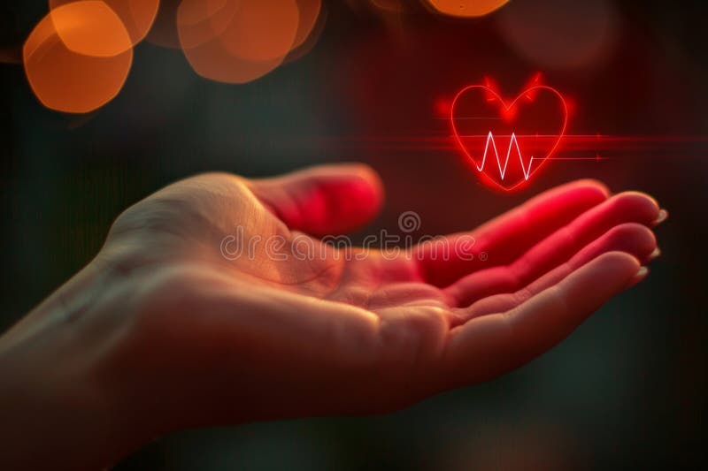 Open Hand Holding a Floating Red Heart with an ECG Line Stock ...