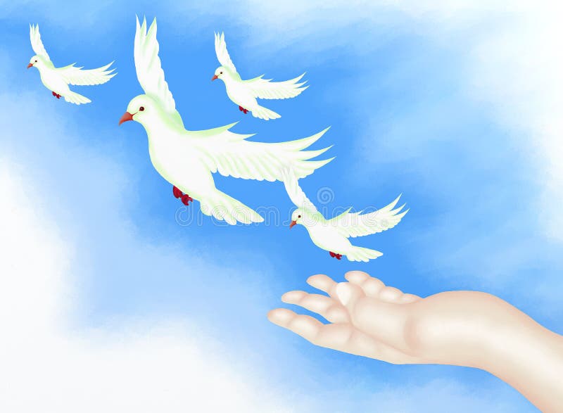Open Hand Releasing Freedom Bird in Clear Blue Sky Stock Illustration ...
