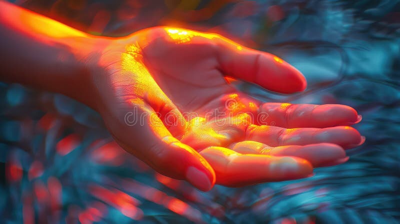Open Hand Silhouette Against a Vibrant Iridescent Blue and Orange ...