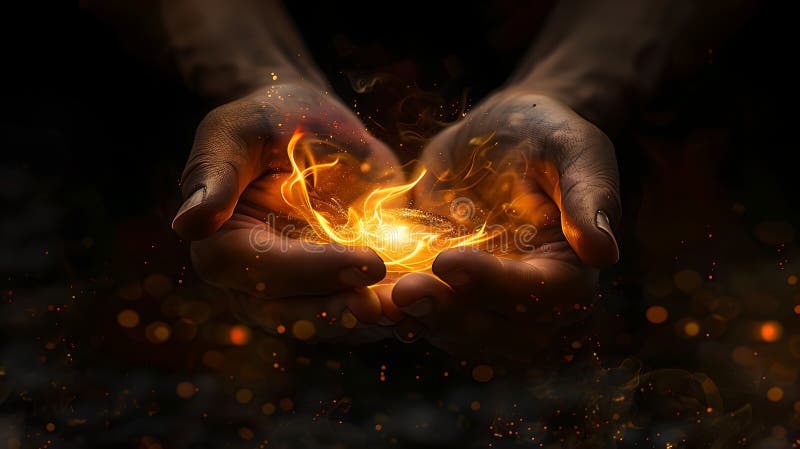 Open Hands Cradling a Mystical Fire, Igniting Creativity and Passion. a ...