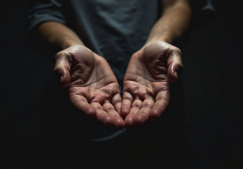 Open Hands Extended in Offering Against a Dark Background Stock Photo ...