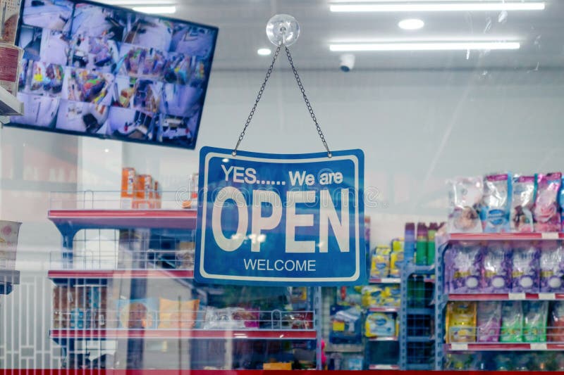 Open Hanging Sign Board on a Grocery Store Stock Photo - Image of ...