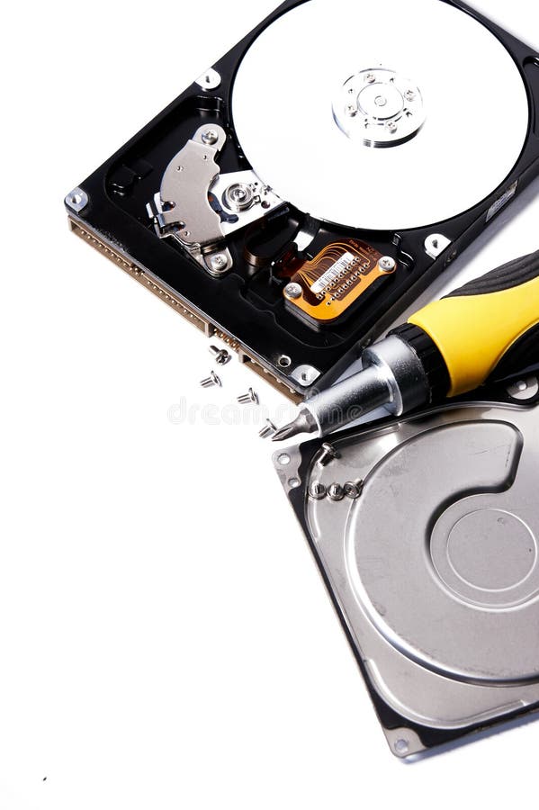 Open Hard Drive and Screwdriver Isolated on White Background Close Up ...