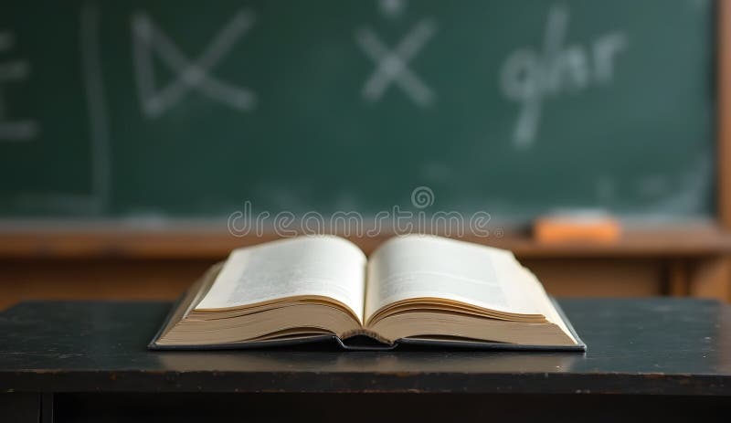 Open Hardcover Book with Blank Pages on Black School Table in Classroom ...