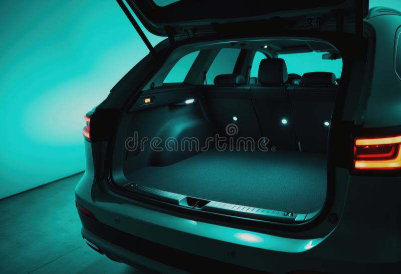 Open Hatchback Trunk Mockup in a Studio with Teal Backlight Stock Photo - Image of teal ...