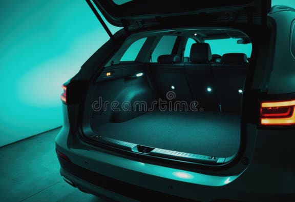 Open Hatchback Trunk Mockup in a Studio with Teal Backlight Stock Photo ...