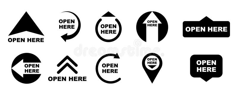 Open Here Stickers or Labels for Package Design. Special Tag on Box ...