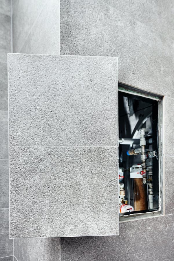 Open Hidden Revision Sanitary Hatch on the Wall of Tile Stock Image ...
