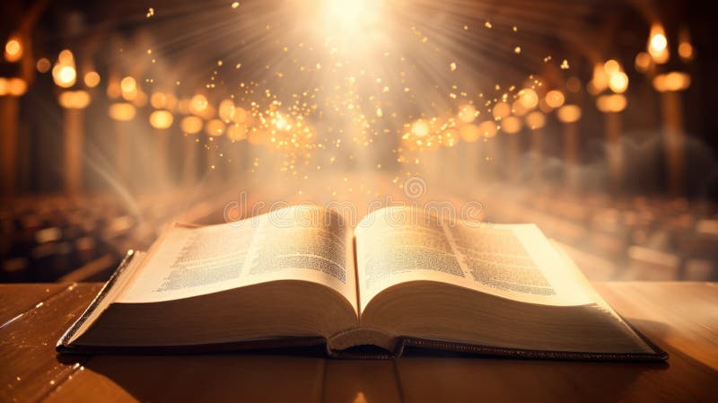 Open Holy Bible with Glowing Lights in a Church Stock Illustration ...