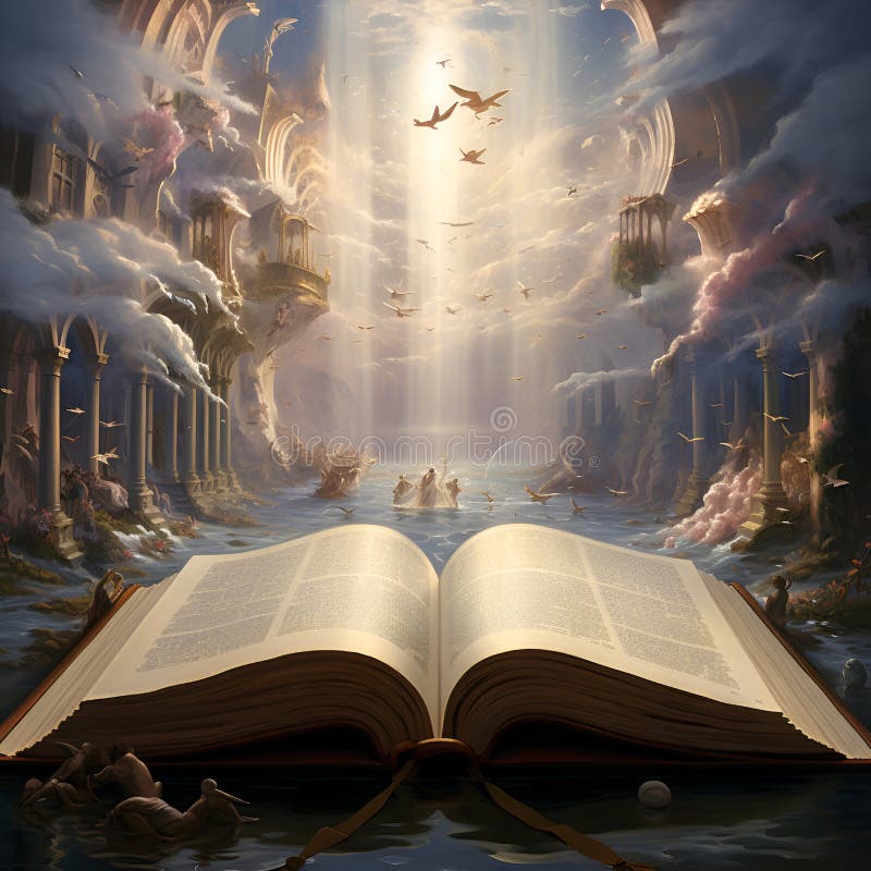 An Open Holy Bible with Rays of Light Stock Illustration - Illustration ...