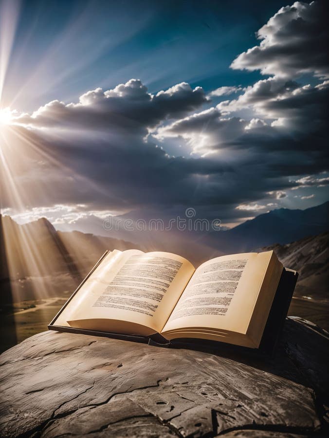 Open Holy Book and Rays of Light on the Background of the Mountains ...