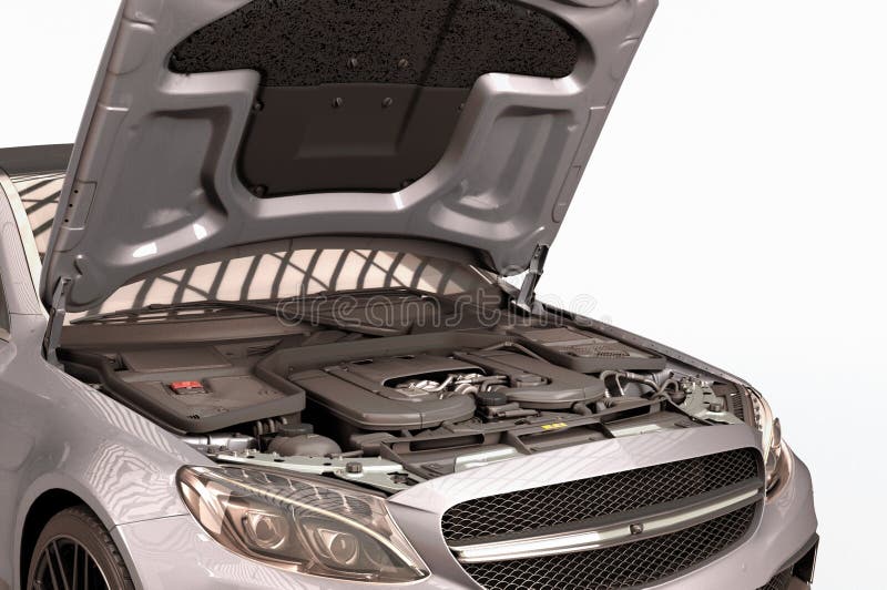 Open Hood of a Car with View of the Engine 3d Render Illustration ...