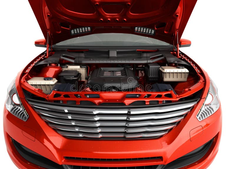 Open Hood of a Car with View of the Engine 3d Render on White Stock ...