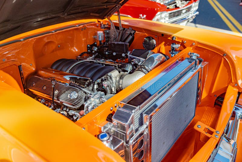 Open Hood Show Custom Engine. Vintage 1955 Chevrolet Bel Air Editorial ...