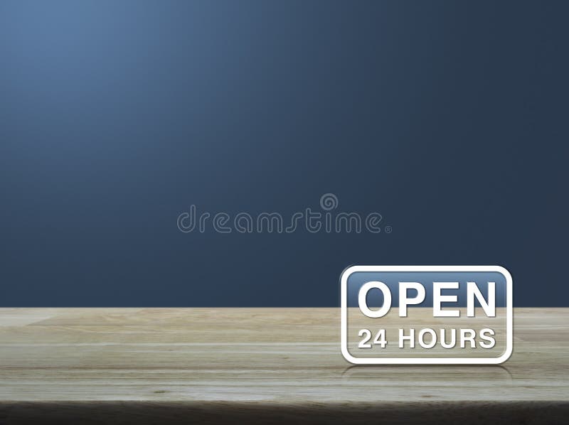 Open 24 Hours Icon on Wooden Table Over Light Blue Gradient Back Stock ...